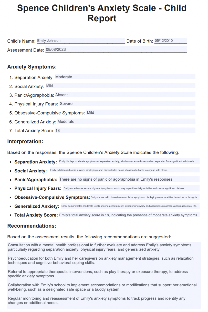 Spence Children's Anxiety Scale - Child Report & Example | Free PDF Download